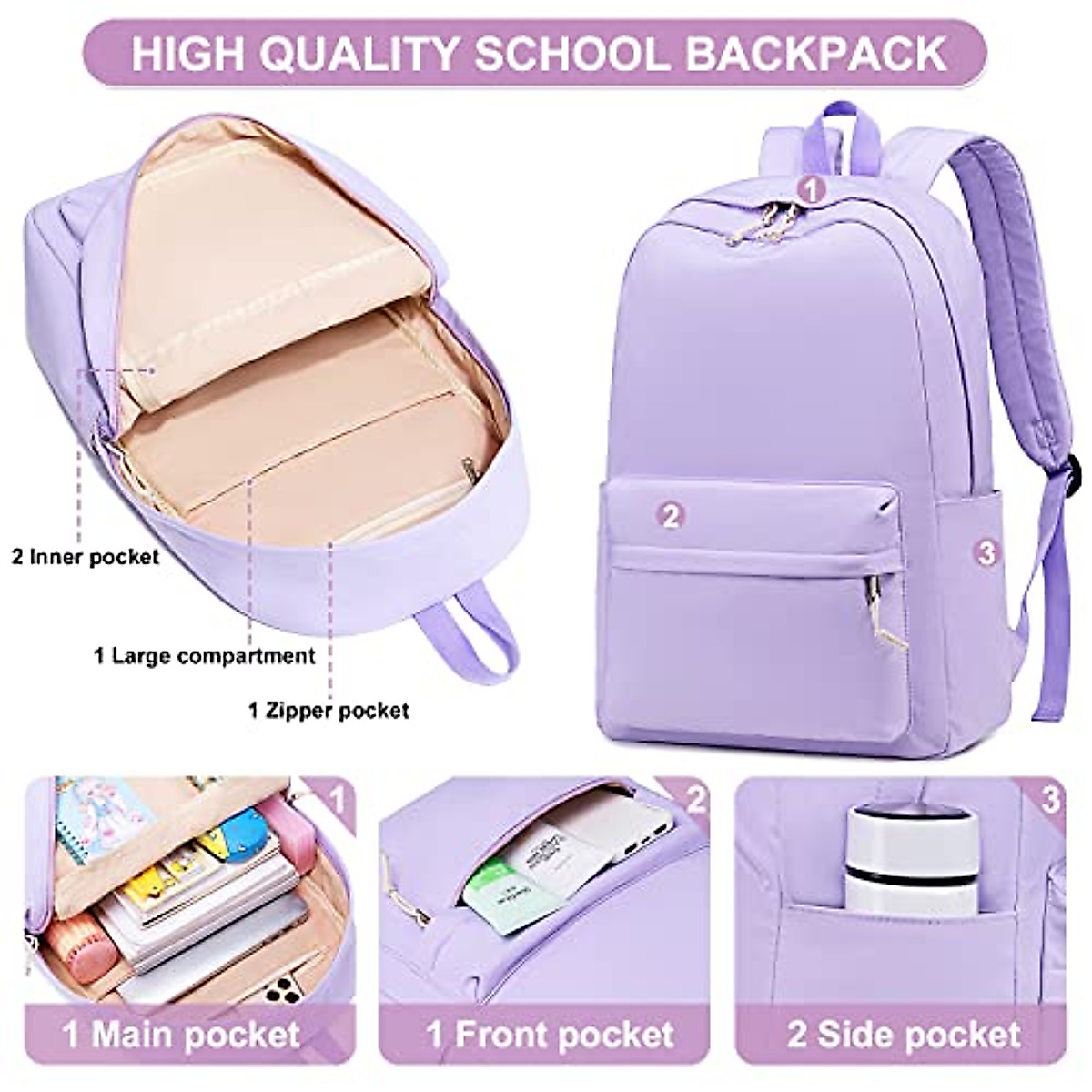 School Backpack for Teen Girls Kids Bookbags Elementary Middle School Laptop Bags Women Travel Daypacks (Purple)