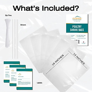 NuBliss Poultry Shrink Wrap Bags,13x18 Inches Poultry Heat Shrink Bags Freezer, Includes Zip Ties, Labels, and 2 Insert Straws, Thick Clear Shrink Wrap for Chicken, Meats, and Vegetables (30)