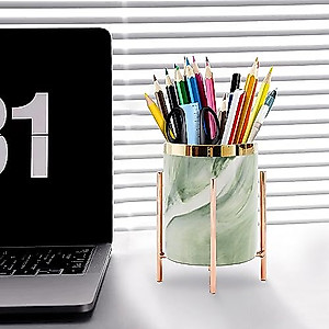 Urcura Ceramic Pencil Holder for Desk Cute Pencil Pen Holder Desk Decor Aesthetic for Office, School, Home Makeup Brush Holder Cup Marble Pen Cup Pen Organizer (Green)