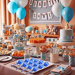 48 Pieces Fillable Baby Rattle Party Favors, Blue with Decorative Bear & Ribbon