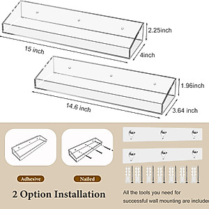 BLBYHO 2 Pack Acrylic Bathroom Shower Shelves Shower Caddy, 15" Clear Shower Organizer Floating Shelves Stick on for Bathroom Wall Mounted, Provide Adhesive Strips & Mounting Screws