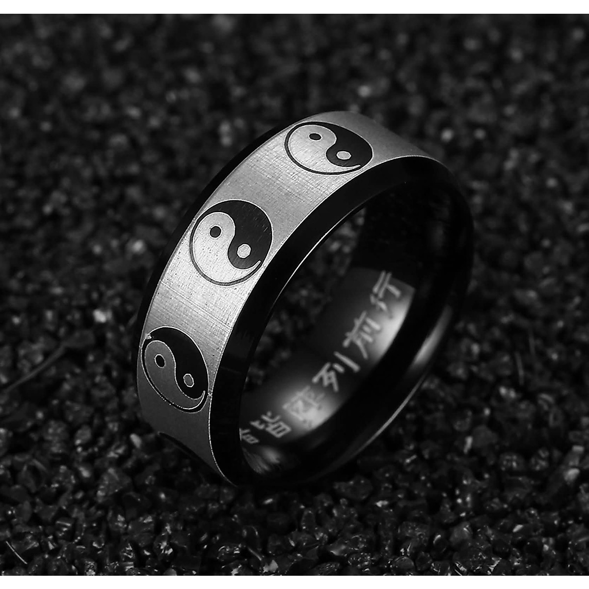 Daesar Promise Rings for Couples Black, Women Men Custom Ring Stainless Steel Yin Yang Matte 8MM Comfort Fit Personalized Engrave Ring Size 5