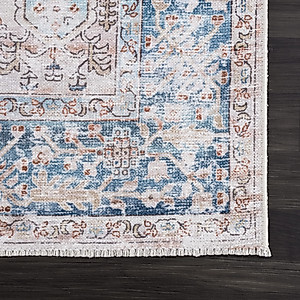 Bloom Rugs Caria Washable Non-Slip 12 ft Runner - Beige/Ocean Blue Traditional Runner for Entryway, Hallway, Bathroom, and Kitchen - Exact Size: 2'6" x 12'