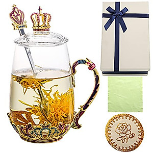 Youeon 12 Oz Enamel Glass Tea Cup with Lid and Spoon, Fancy Tea Cup with Crown, Clear Glass Cup with Gift Box, Handmade Glass Coffee Mug for Women, Girls, Birthday, Mother's Day, Valentines Day