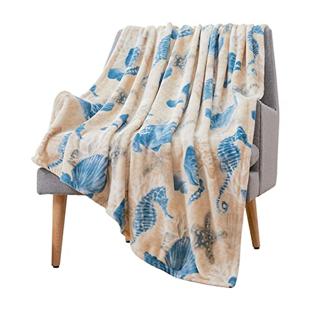 Decorative Ocean Life Coastal Throw Blanket: Soft Plush Velvet Fleece Calming Hues of Blues Beige Tan, Accent for Sofa Couch Chair Bed or Dorm (Ocean Life)