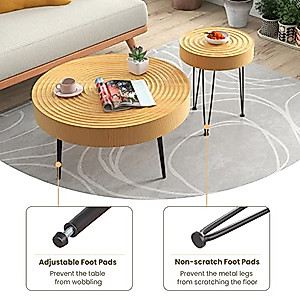 GOFLAME Round Coffee Table Set of 2, Farmhouse Boho End Tables with Natural Finish & Wood Ring Motif, Solid Wood Nesting Side Tables with Metal Legs & Adjustable Foot Pads for Living Room, Bedroom