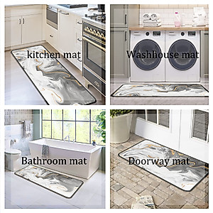 White Marble Kitchen Rugs and Mats Non Skid Washable Absorbent Stain Resistant,Durable and Easy to Clean,Kitchen Rug Set of 2 Marble Kitchen Deco 17"x47"+17"x30"