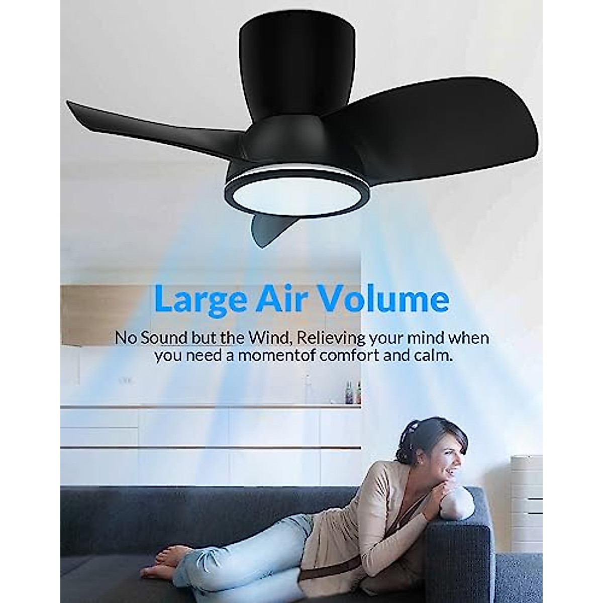 Ceiling Fan with Lights and Remote,30” Flush Mount Ceiling Fans Large Air Volume,4 Speeds,Reversible,Timer,Dimmable LED Lights,Super Quiet Low Profile Ceiling Fan with light for Bedroom Kitchen Patio.
