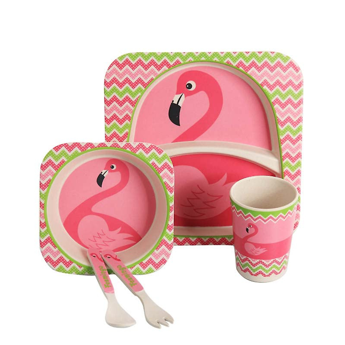 Thoneed Bamboo Kids Plate and Bowl Set | Matching Dishes for Toddlers Ages 1+ | 5 Piece Divided Dinnerware Set Includes Plate, Bowl, Cup & Utensils | Reusable, BPA Free & Dishwasher Safe (Cow)