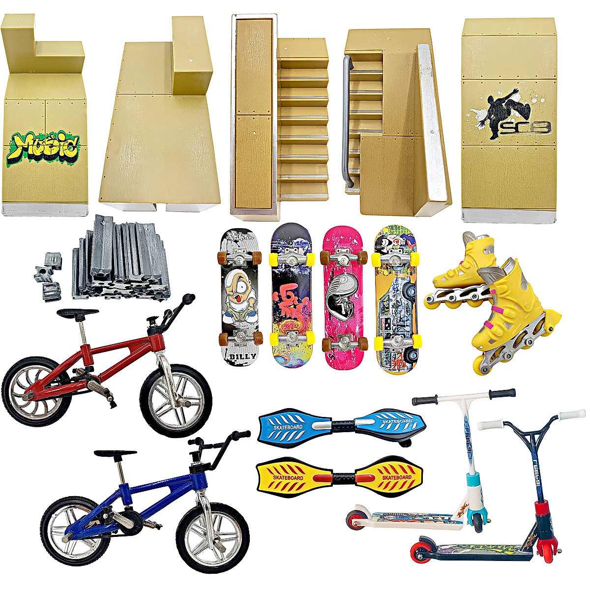 STASHABLES Finger Skateboard Ramp Set – Finger Skatepark Kit 16 Pieces – Skate Park Kit Including Skateboards, Ramps, Scooters, Skates, Bikes and Caster Boards – Fingerboard Skate Set