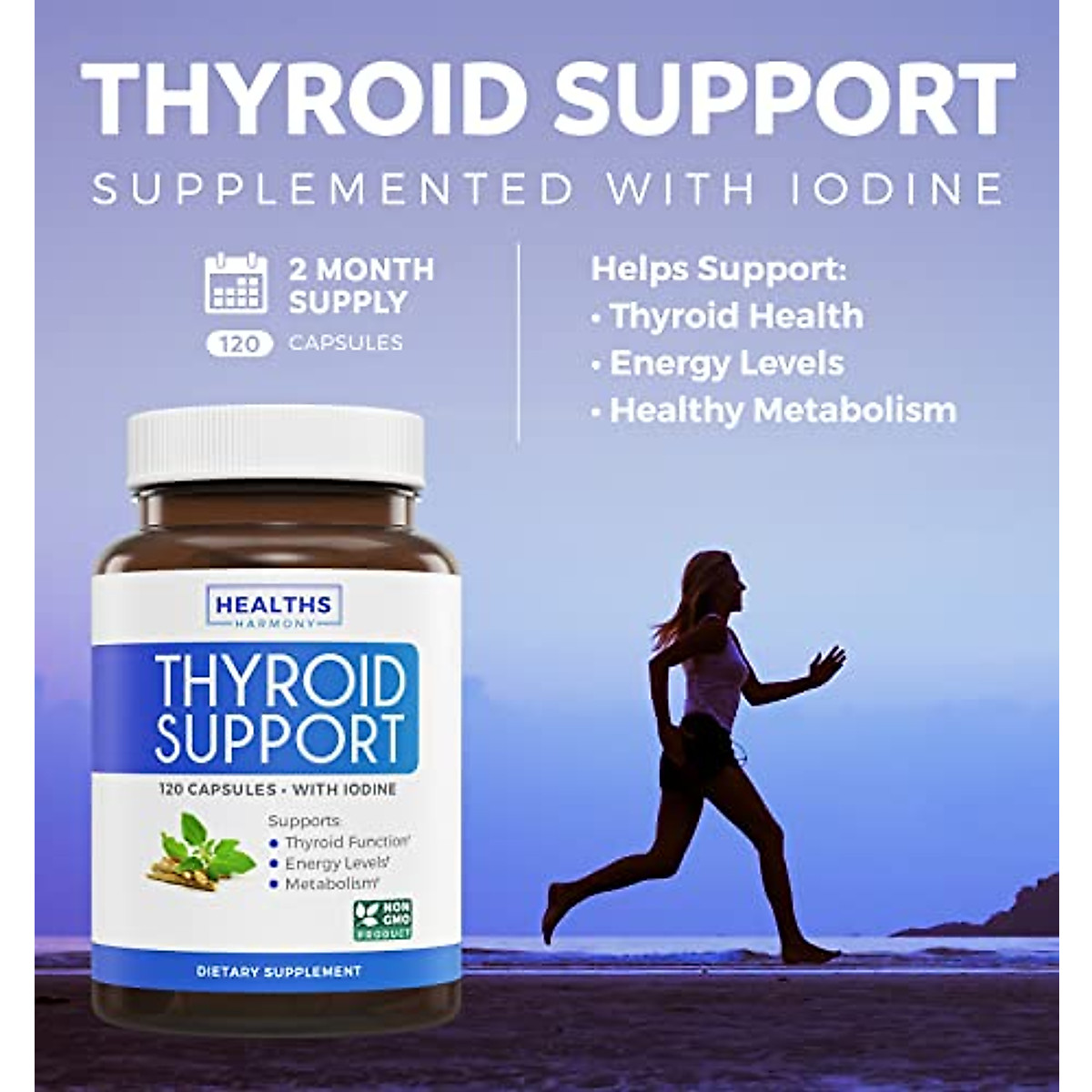 Thyroid Support with Iodine - 120 Capsules (Non-GMO) Improve Your Energy - Ashwagandha Root, Zinc, Selenium, Vitamin B12 Complex - Thyroid Health Supplement - 60 Day Supply