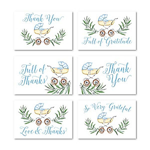 24 Blue Carriage Baby Shower Thank You Cards With Envelopes, Boy Sprinkle Thank-You Note, 4x6 Gratitude Card Gift For Guest Pack, Gender Reveal DIY So Grateful Greenery Vintage Varied Event Stationery