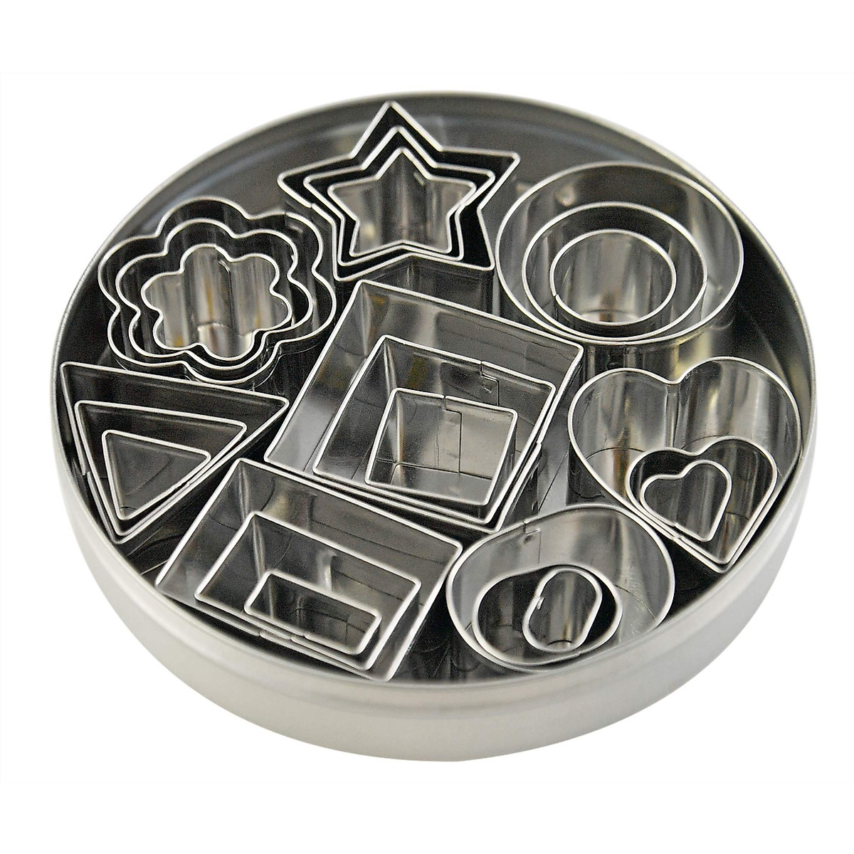 HOME-X Stainless-Steel Cookie Cutter Set, Rectangle, Square, Triangle, Heart, Circle, Star, Flower, and Oval Shapes, Set of 24, Assorted Sizes, Silver