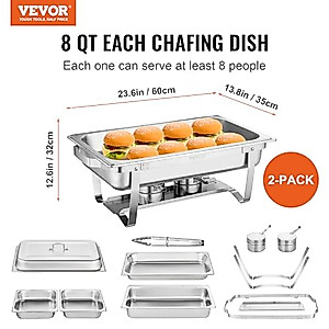 VEVOR Chafing Dish Buffet Set, 2 Pack 8 Qt, Stainless Chafer w/ 2 Full & 4 Half Size Pans, Rectangle Catering Warmer Server w/ Lid Water Pan Folding Stand Fuel Tray Holder Clip, at Least 8 People Each