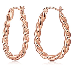 Rose Gold Plated Chucky Hoop Earrings for Women 925 Sterling Silver Post Oval Twist Earrings Hypoallergenic Lightweight Hoop Earrings Jewelry Gifts