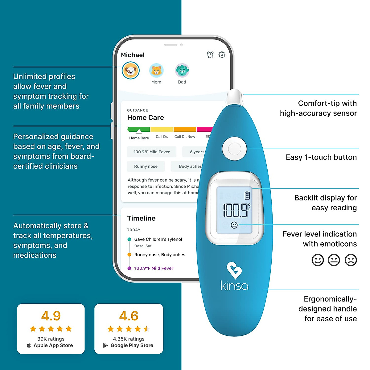 Kinsa Smart Ear Thermometer for Fever - Medical Infrared Termometro - FDA Cleared for Body Temperature Readings for All Ages - Connects to a Smartphone App to Track Symptoms and Get Illness Guidance