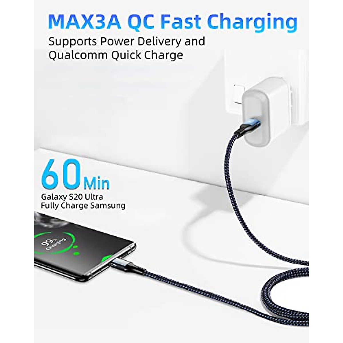 USB C to USB C Cable,60W 3A Fast Magnetic Charging Cable,CAFELE 2 Pack Type C to Type C Nylon Cable Fast Charge for Samsung Galaxy S10 S10+ / Note 8, LG V20 and Other Type C Charger (Blue)