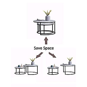 Modern Nesting Coffee Table Set of 2 for Living Room, Office, Balcony, Mid Century Round Wood Accent Coffee MDF Faux Marble Tabletop w/Black Color Frame, Gift for Thanksgiving Christmas -White