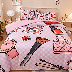 Aimuan Fashion Girl Comforter Sets Cosmetic Perfume Bag Lipstick Diva Pink Quilt Set Nail Polish Pattern Decorative Quilted 3 Pcs Makeup Bedding Set with 2 Pillowcases (Pink, Twin)