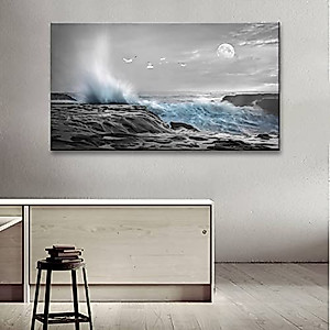 Large Framed Wall Art Canvas Ocean Decor Beach Theme Living room Bedroom Wall art Black White Blue Ocean Waves Seagulls Moon Picture Decoration Office Posters Art Wall Paintings, Ready to Hang 30"x60"
