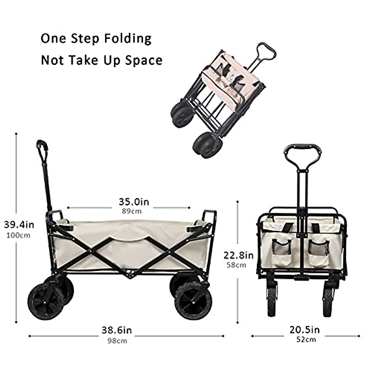 Picnic Camping Cart Portable Collapsible Outdoor Utility Wagon Garden Folding Trolley 80KG Max Load Push Wagon Sturdy Lightweight Beach Outdoor Garden Picnic Cart,Creamy White