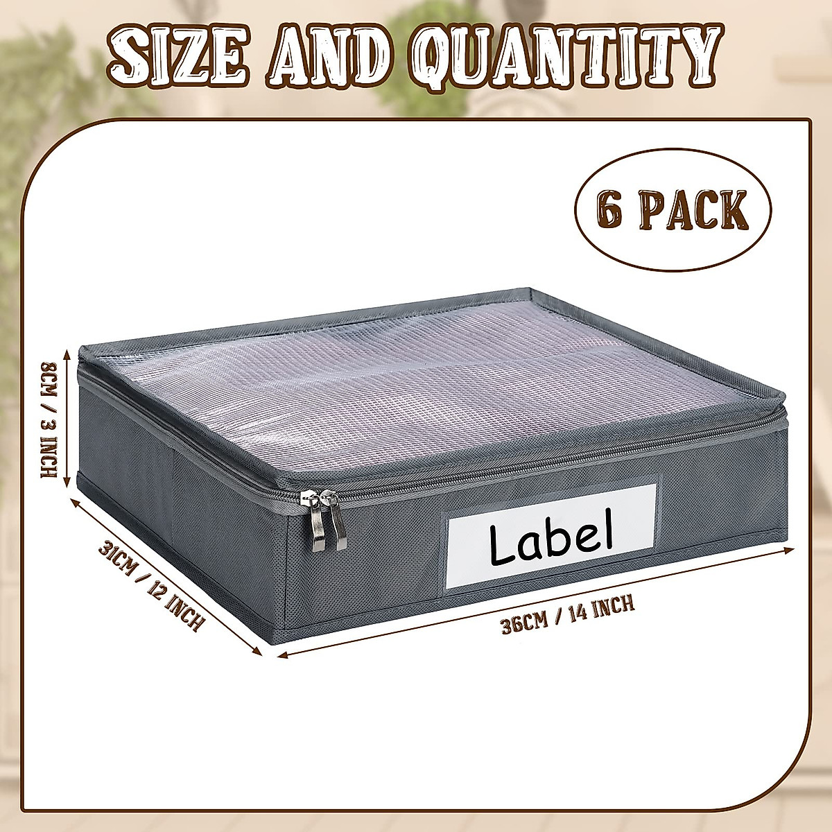 Panelee 6 Pcs 14 x 12 x 3 Inch Sweater Storage Bags Easy Gliding Zippered Sweater Bag Sweater Organizer Closets Under the Bed Zippered Storage Bags with Label Pocket to Avoid Dust Dirt (Gray)