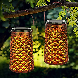 MZD8391 2 Pack Solar Lantern Lights Outdoor, Decorative Waterproof Garden Hanging Lights Metal LED Retro Lamp for Patio, Backyard, Deck, Garden, Porch, Pathway, Courtyard Balcony (Amber + White)