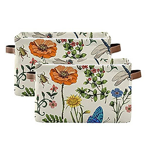 susiyo Large Foldable Storage Bin Beautiful Floral Fabric Storage Baskets Collapsible Decorative Baskets Organizing Basket Bin with PU Handles for Shelves Home Closet Bedroom Living Room-1Pack