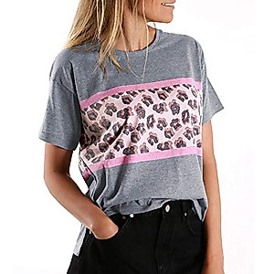 Bravetoshop Women Summer T Shirts Short Sleeve Crewneck Basic Tees Leopard Patchwork Casual Blouse Tops (Gray,S)