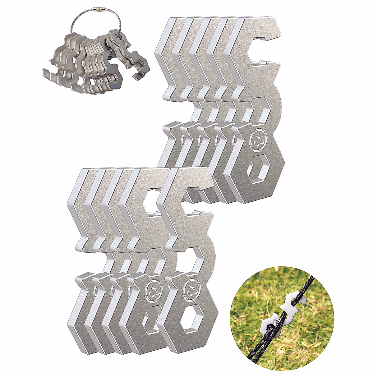 NACETURE Aluminum Alloy Rope Tensioner Camping Tent Guyline Cord Adjuster Camping of Gear for Camping, Hiking, Backpacking Ultralight Tent Stakes Guy Lines Tensioner Tent Cord (Silver 10 Pack)