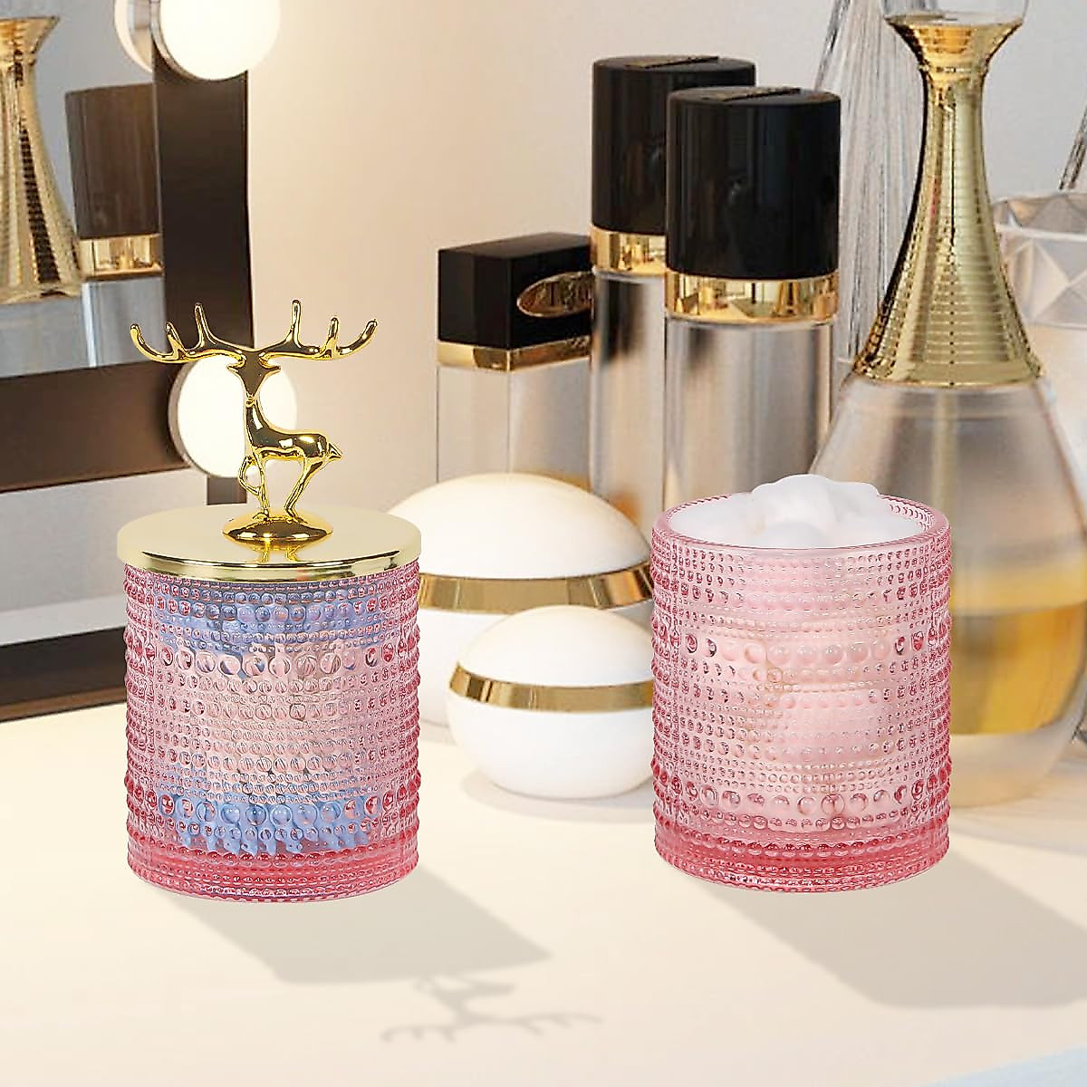 Tonxus 2-Pack Glass Qtip Holder Dispenser Set,Apothecary Jars with Gold Metal Lid,Cute Bathroom Qtips Jars,Cotton Ball Organizer for Cotton Swab,Round Pads,Floss Picks,Bath Salt,Makeup (Pink A)