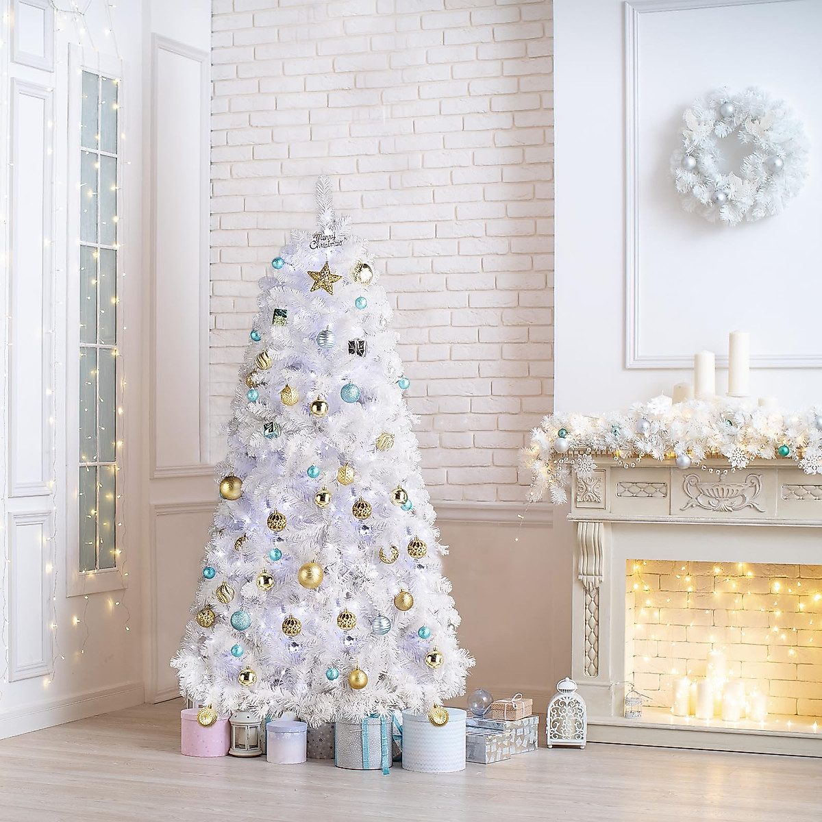 6ft Premium White Prelit Artificial Christmas Tree,Artificial Xmas Decoration Tree,Artificial Spruce Hinged Christmas Tree,Pre-Lit Artificial Xmas Tree,with Lights,for Home Office Party Decorations