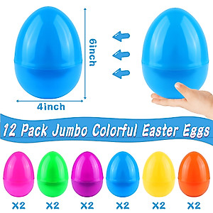12 PCS Jumbo Easter Eggs 6 Inch Colorful Giant Plastic Easter Eggs Fillable Large Suprise Egg for Easter Themed Hunt Basket Stuffers Fillers Filling Treats Party Favors Classroom Prize Supplies