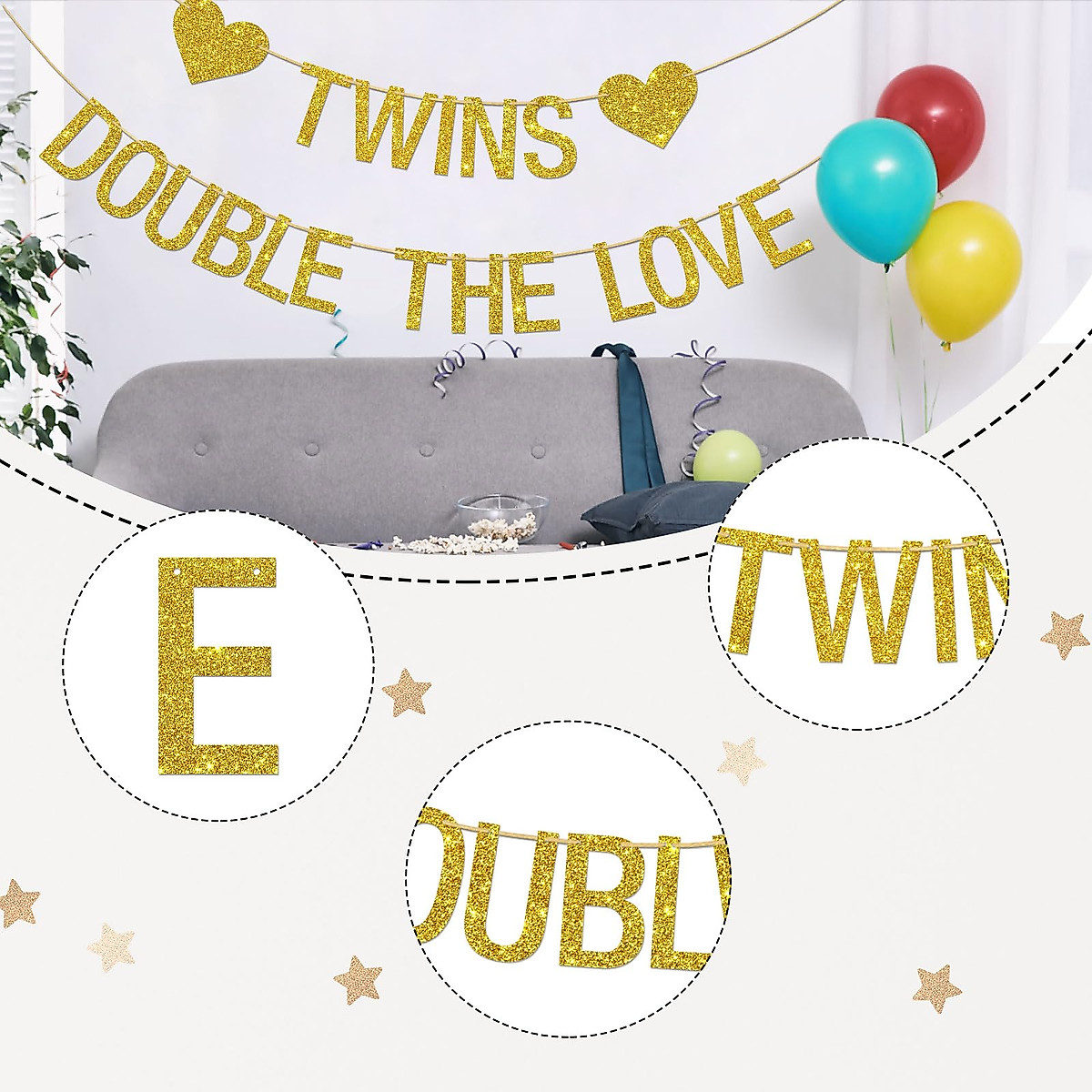 Ambishi Twins Double The Love Banner, Twins Baby Shower/Twins Birthday/Engagement/Wedding Party Decorations (Gold Gliter)