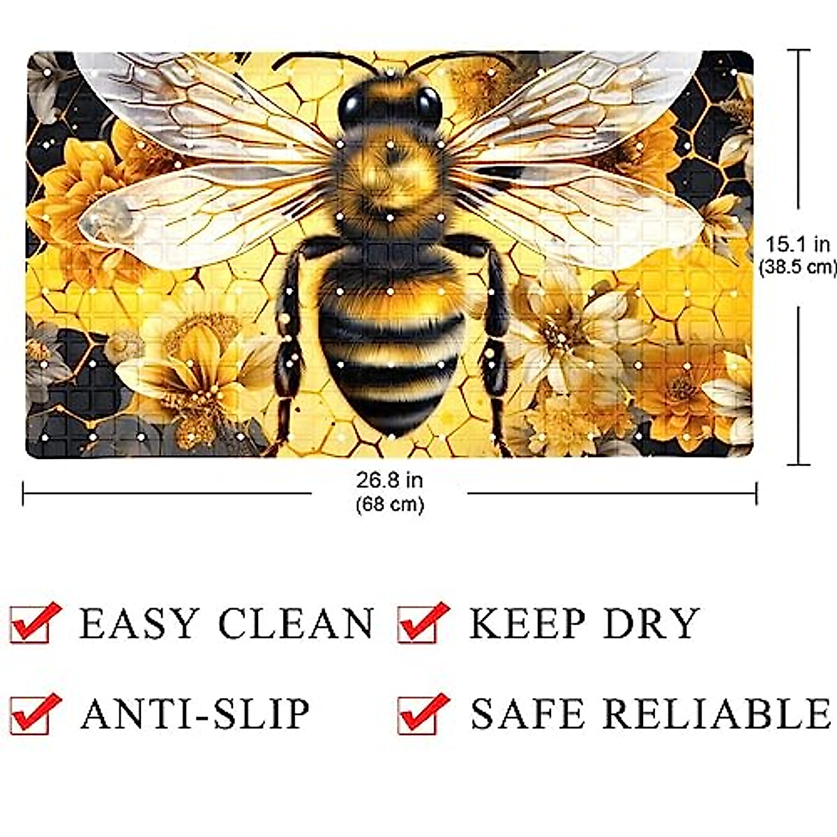 Bath Tub Shower Mat - Anti-Slip PVC Material 15.1x26.8 in, Gentle Cushioning Quick Drying Suction Cups Reliable Solution - Flowers and Lovely Bees Design Non-Slip Floor Mat