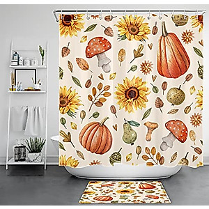 HVEST Fall Shower Curtain and Bathroom Rugs, Pumpkin Sunflower Autumn Leaf and Mushroom on Beige Shower Curtain with Bath Mat, 72X72 inches Farmhouse Fall Thanksgiving Bathroom Shower Curtain Set