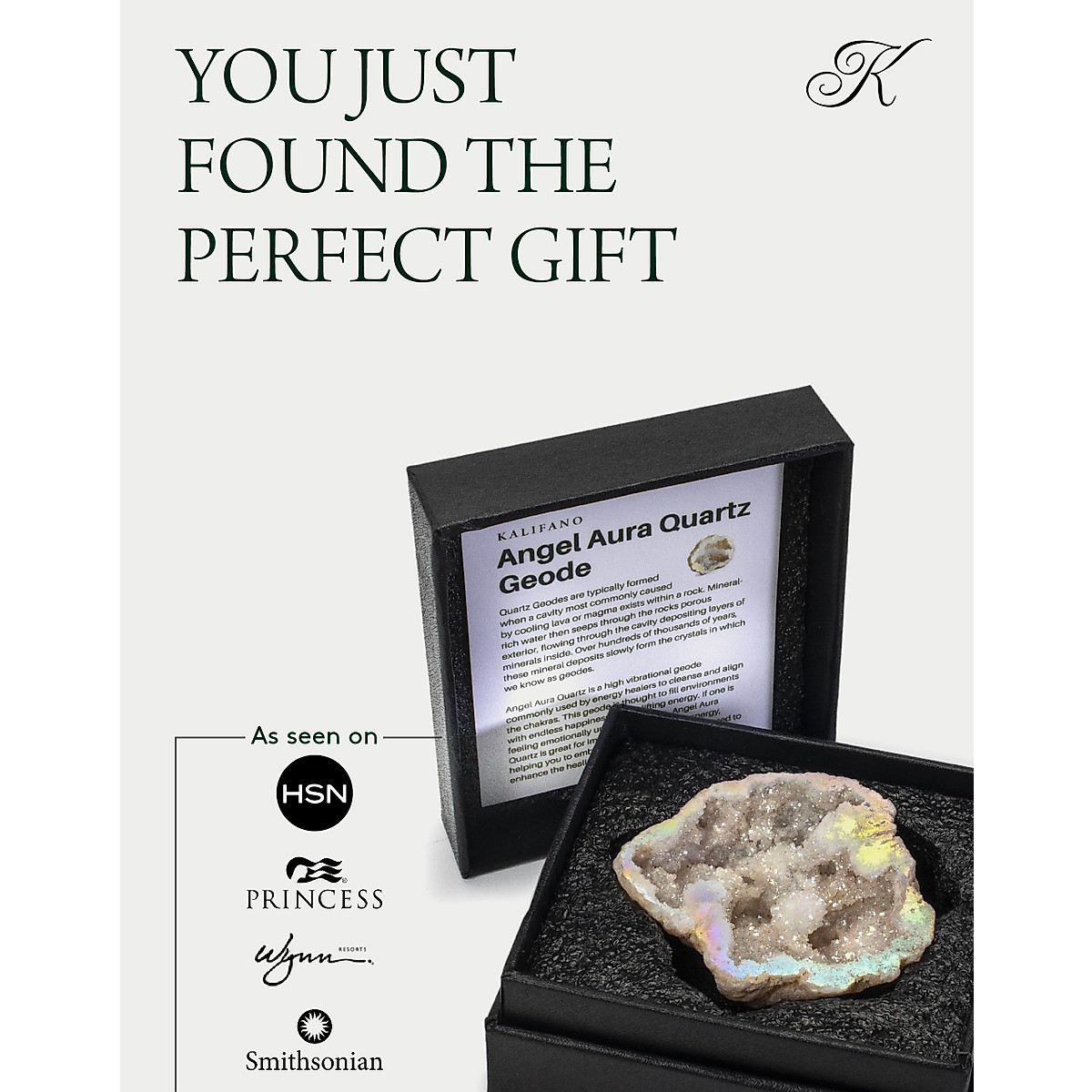 KALIFANO Angel Aura Quartz Geode - Titanium Bonded High Energy Crystal Cuarzo Cluster/Druzy with Information Card - Natural Reiki Rock Used for Clarity and Purpose (Family Owned and Operated)