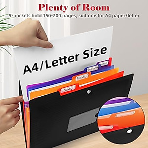 5 Pocket Expanding File Folder, Accordion File Organizer with Labels, A4 Letter Size Folders for Documents, Portable Expandable File Folder for Office School - Black