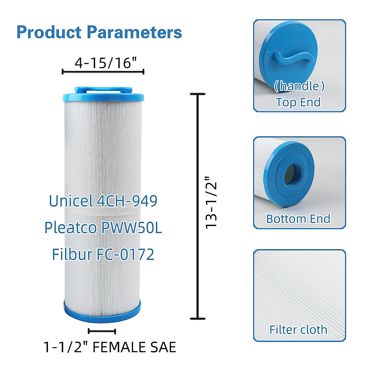 ROLFILLT 4CH-949 Spa Filter Replaces Unicel 4CH-949, Pleatco PWW50L, Filbur FC-0172, SD-01143, 817-4050, Rising Dragon 50, Waterway Teleweir 50 sqft Filter Cartridge 2 Pack