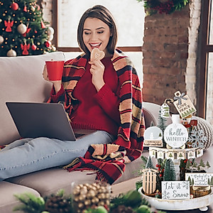 Thyle 16 Pcs Winter Tiered Tray Decor Set Wooden Winter Ornament Rustic Farmhouse Decorations for Gifting Table Home Decor