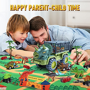 CUTE STONE Dinosaur Truck for Kids 3-5, Dinosaur Transport Truck with Dinosaur Toys and Play Mat, 2 Friction Powered Cars, 4 Pull Back Dinosaur Cars, Dino Car Playset for Boys