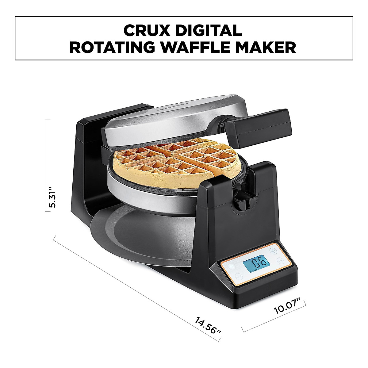CRUX Rotating Belgian Waffle Maker with Deep Nonstick PFOA Free Plates, Digital Keto Chaffles Iron with LCD Display, Browning Control and Cord Storage, Stainless Steel
