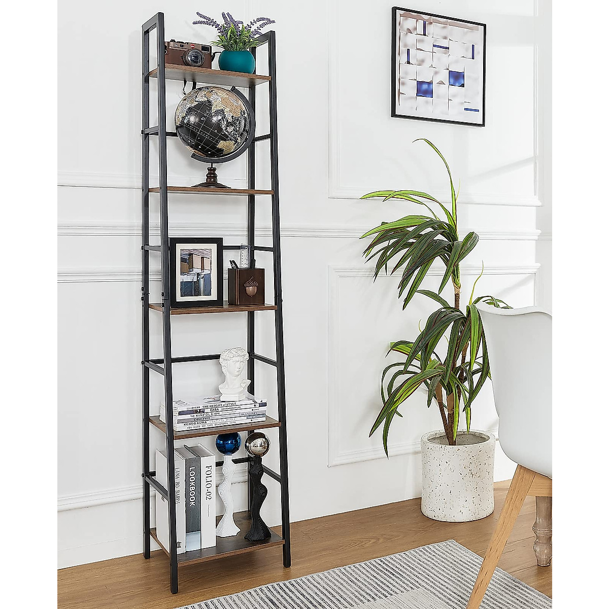 Pshelfy Bookshelf, 5-Tier Narrow Ladder Shelf Bookcase with Metal Frame, Freestanding Corner Rack Shelves for Small Spaces Display Storage Organizer Tall Skinny Shelf for Living Room Kitchen