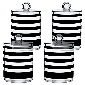 UMIRIKO 2 Pack Black White Stripe Qtip Holder - 10 oz Restroom Bathroom Organizers Storage Containers,Plastic Apothecary Jars with Lids for Cotton Ball,Cotton Swab,Cotton Round Pads,Floss 20605648