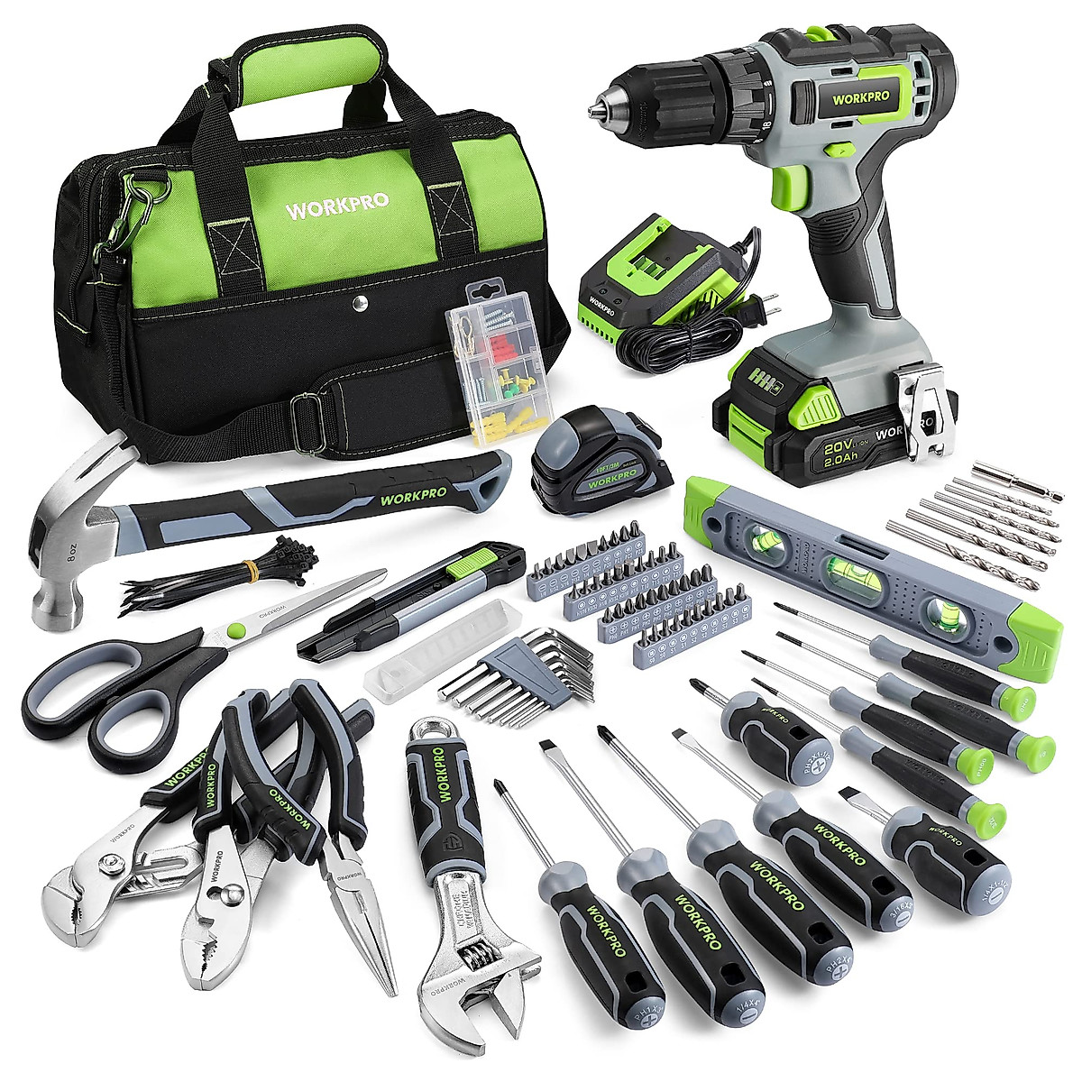 WORKPRO Cordless Drill Combo Kit, 157PCS Power Tool Set with 20V Cordless Lithium-ion Power Drill Driver, Cordless Drill Set With Wide Mouth Open Tool Bag