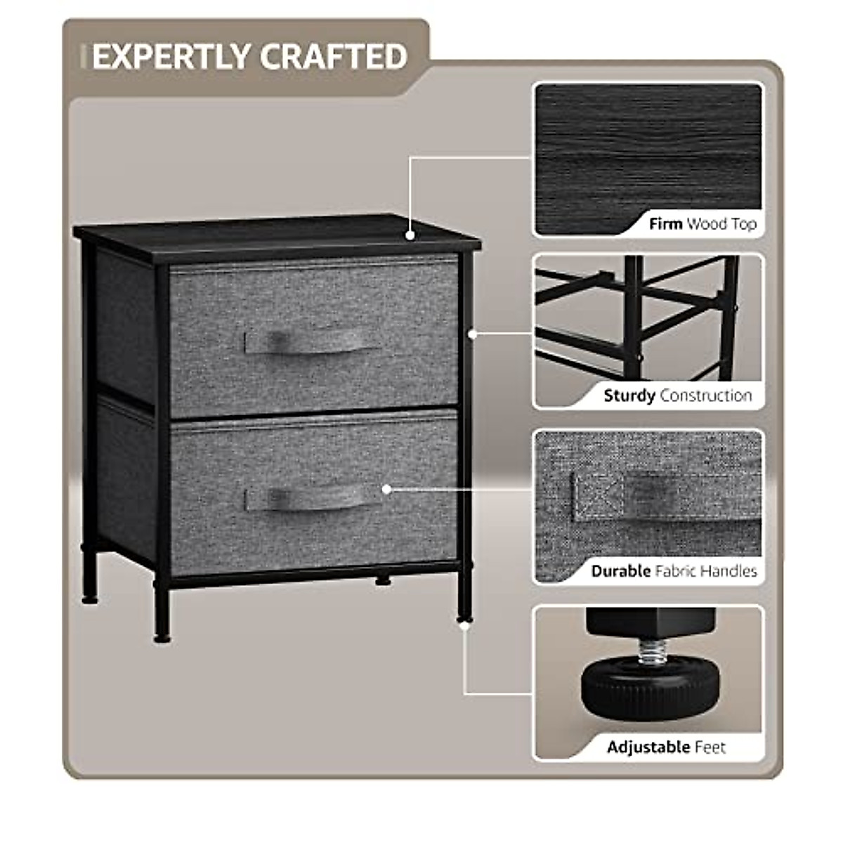 Sorbus Nightstand with 2 Drawers - Bedside Furniture End Table Night Stand - Steel Frame, Wood Top & Easy Pull Modern Print Fabric Bins - Small Dresser & Chest for Home, Bedroom Accessories & Office