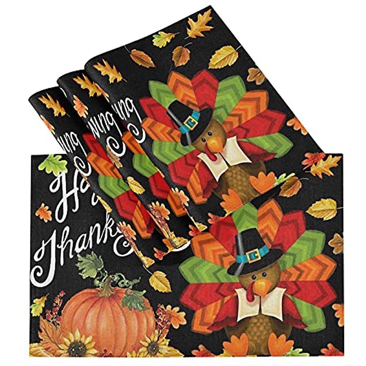 Wusikd Happy Thanksgiving Pumpkin Turkey Sunflower Placemats Set of 4 Table Mat Autumn Leaf Place Mat Non Slip Stain Heat Resistant Double-Sided Print 12" x 18" Dining Home Kitchen Table Decoration
