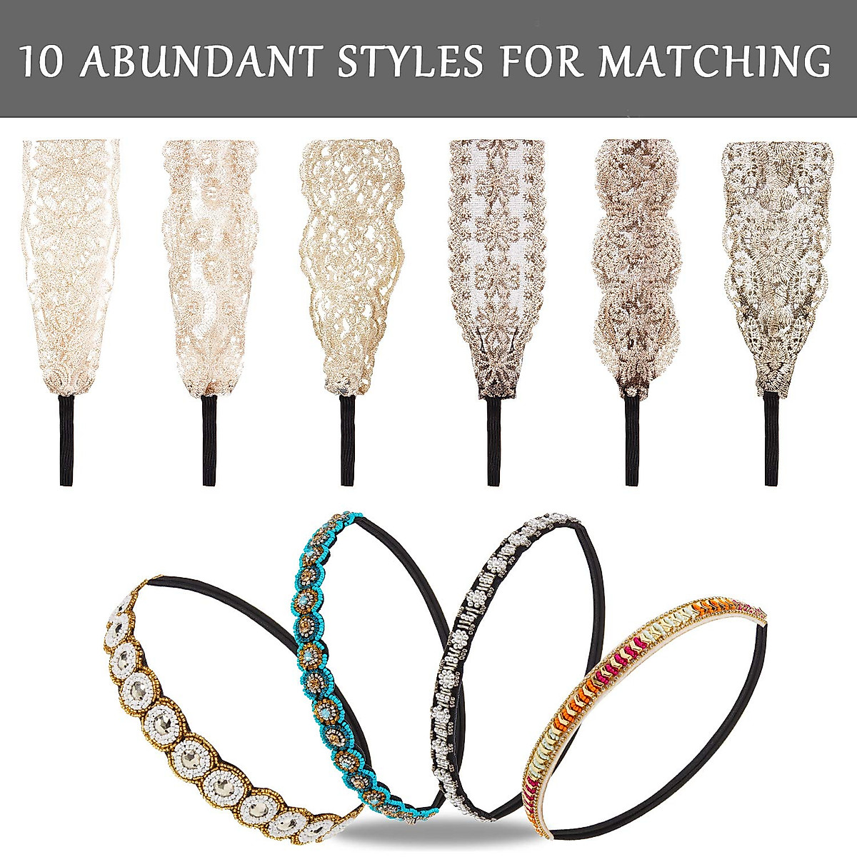 WILLBOND 10 Pieces Rhinestone Beaded Headbands Elastic Elegant Lace Handmade Headwraps Wide Hair Bands Vintage Crystal Jewelry Hairbands for Women Hair Accessories