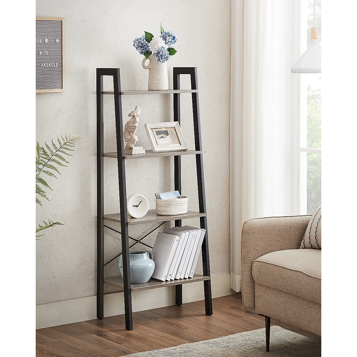 VASAGLE Ladder Shelf, 4-Tier Bookshelf, Storage Rack, Bookcase with Steel Frame, for Living Room, Home Office, Kitchen, Bedroom, Industrial Style, Greige and Black ULLS44MB