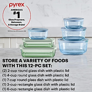 Pyrex Colors (6-Pack, Full Set) Tinted Glass Food Storage Container Set, Snug Fit Non-Toxic Plastic BPA-Free Lids, Freezer Dishwasher Microwave Safe, 3 Cup, 6 Cup & 11